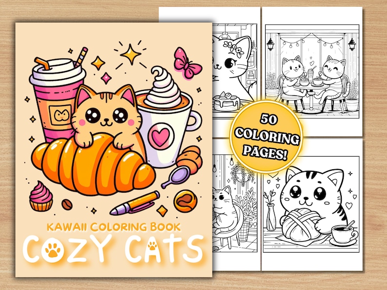 Cozy Cats Kawaii Coloring Book: Adorable Chibi Characters Cute Food ...