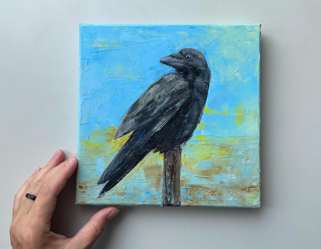 Original Raven Oil Painting Bird Artwork Black Crow Nature Art 8x8 ...
