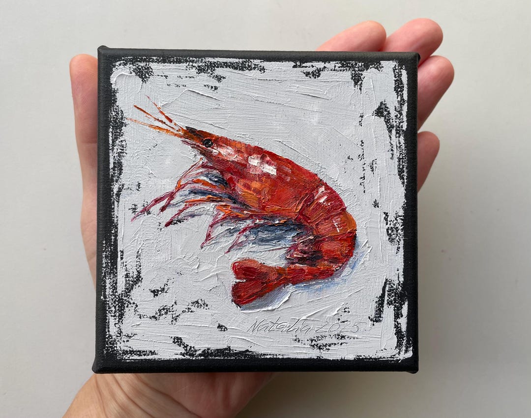 Shrimp Painting Mini Original Oil Artwork - Hand Painted Sea Food ...