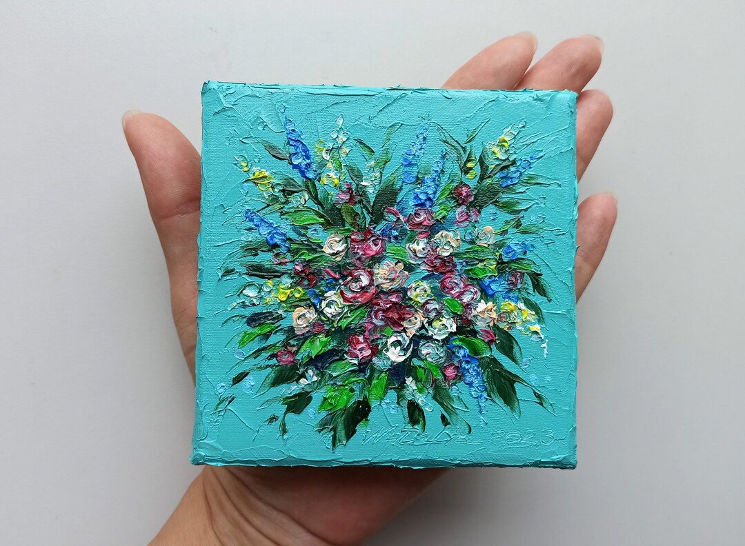 Mini Canvas Art Colorful Tiny Floral Oil Painting Flowers Girlfriends ...