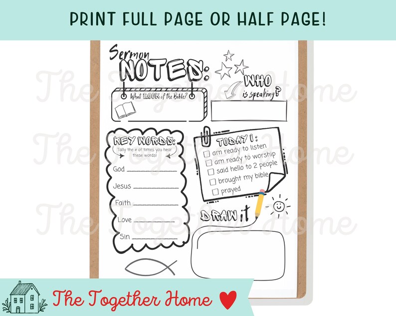 Sermon Notes for Kids, Taking Notes in Church, Kids Bible Journal Page ...
