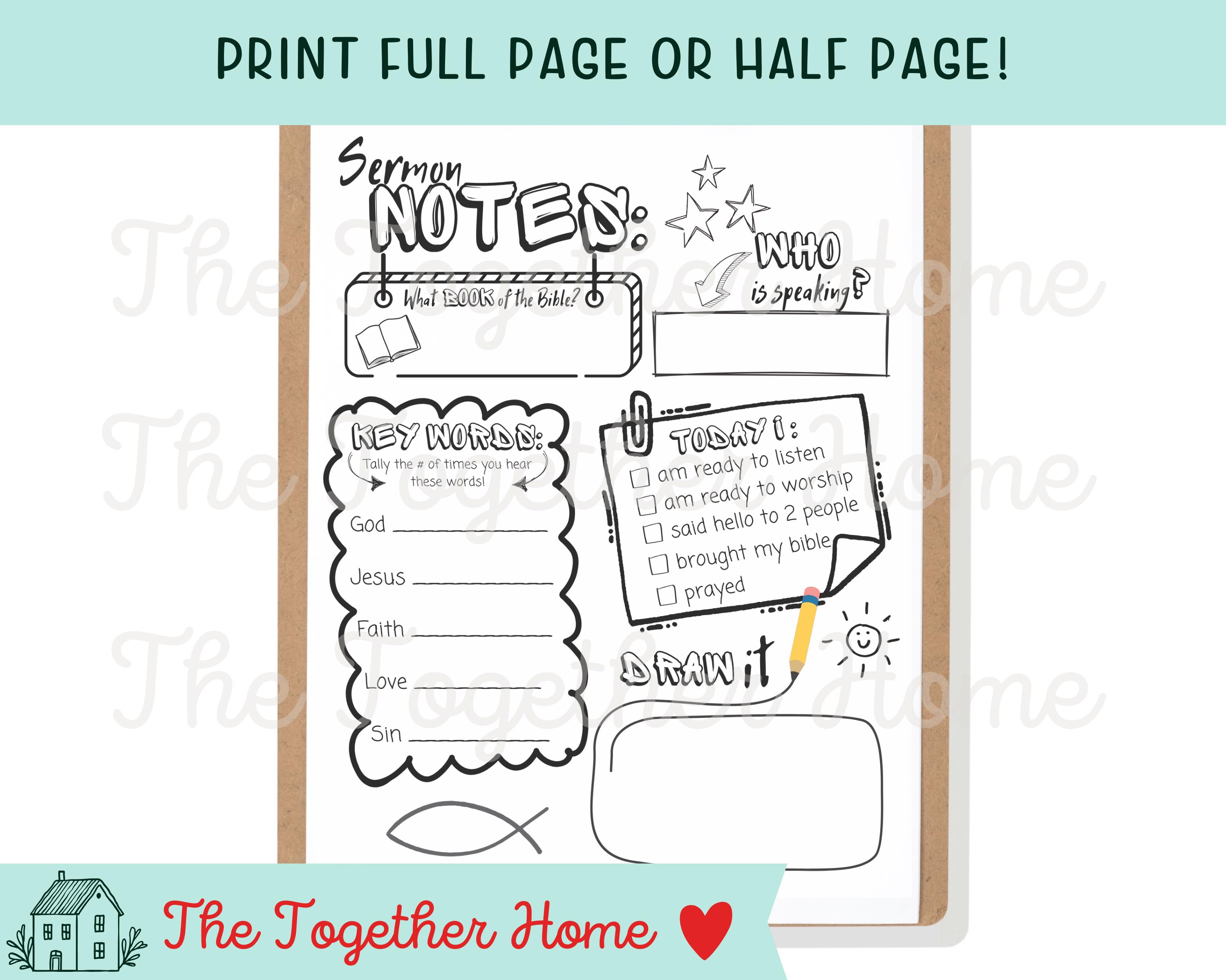 Sermon Notes for Kids, Taking Notes in Church, Kids Bible Journal Page ...