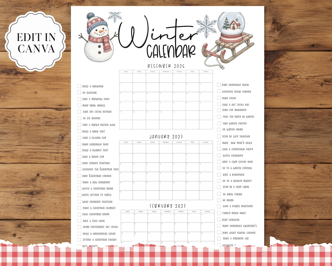 Winter Bucket List Calendar Family Winter Calendar Ideas Winter ...