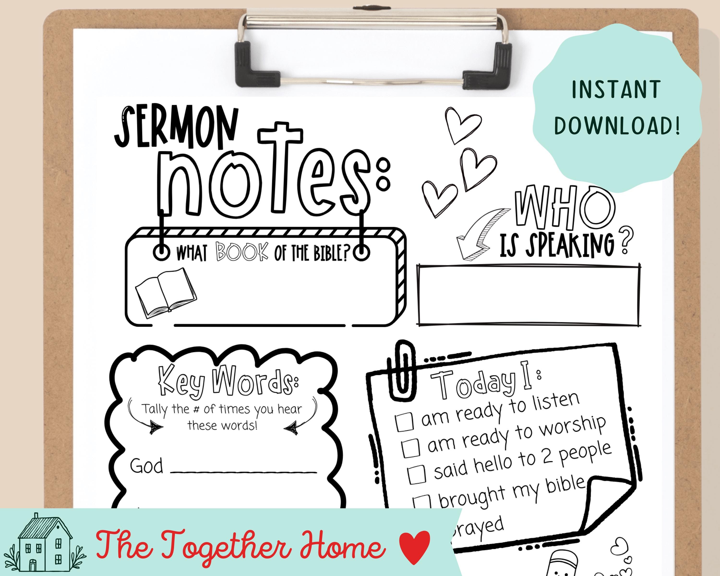 Sermon Notes for Kids, Taking Notes in Church, Kids Bible Journal Page ...