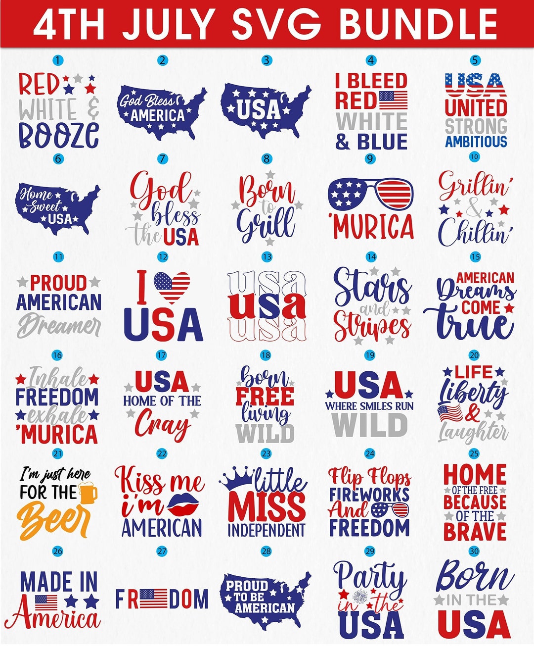 Fourth of July 30 Design Bundle Svg Png Eps Pdf Dxf Cut Files, 4th of ...