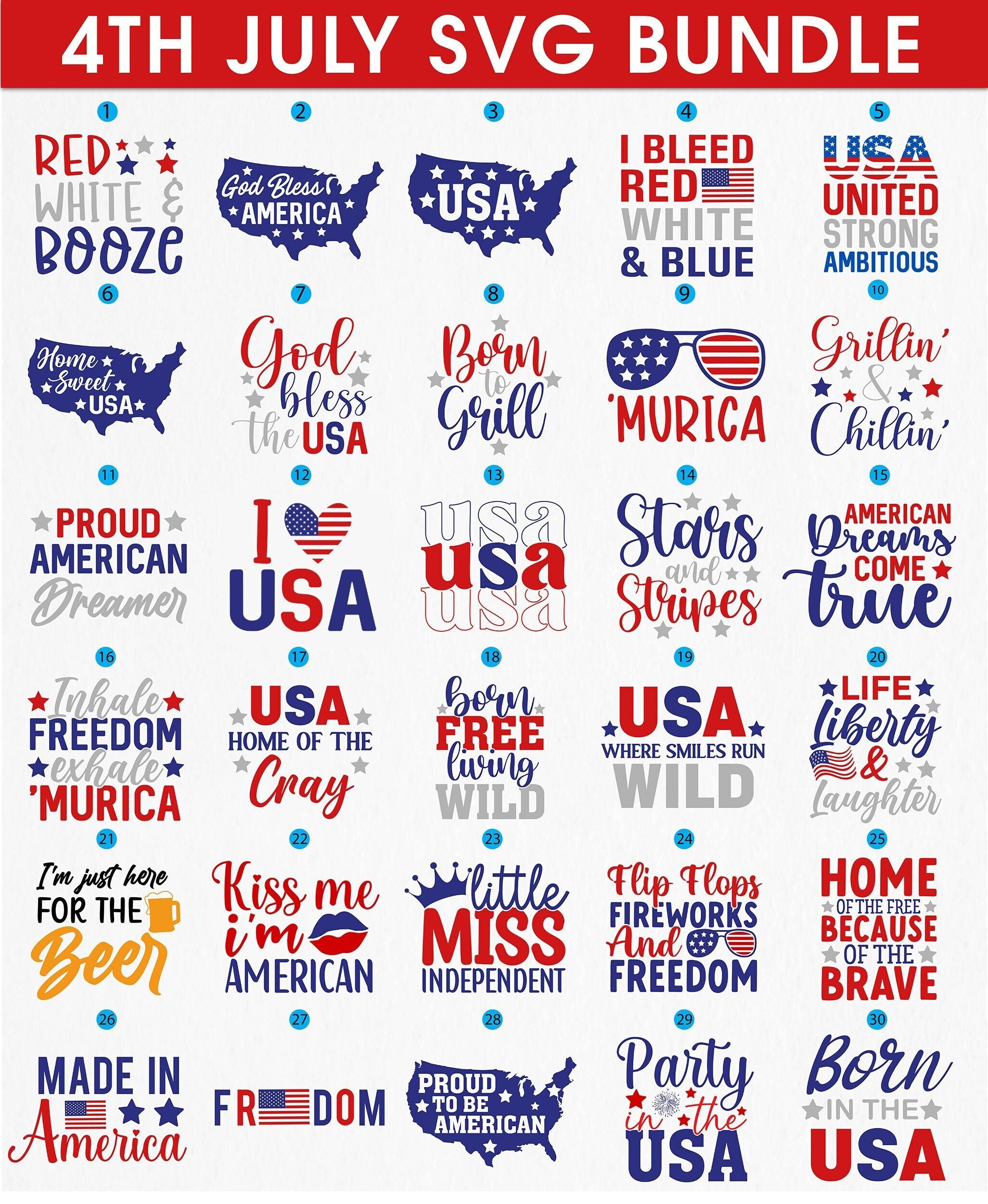 Fourth of July 30 Design Bundle Svg Png Eps Pdf Dxf Cut Files, 4th of ...