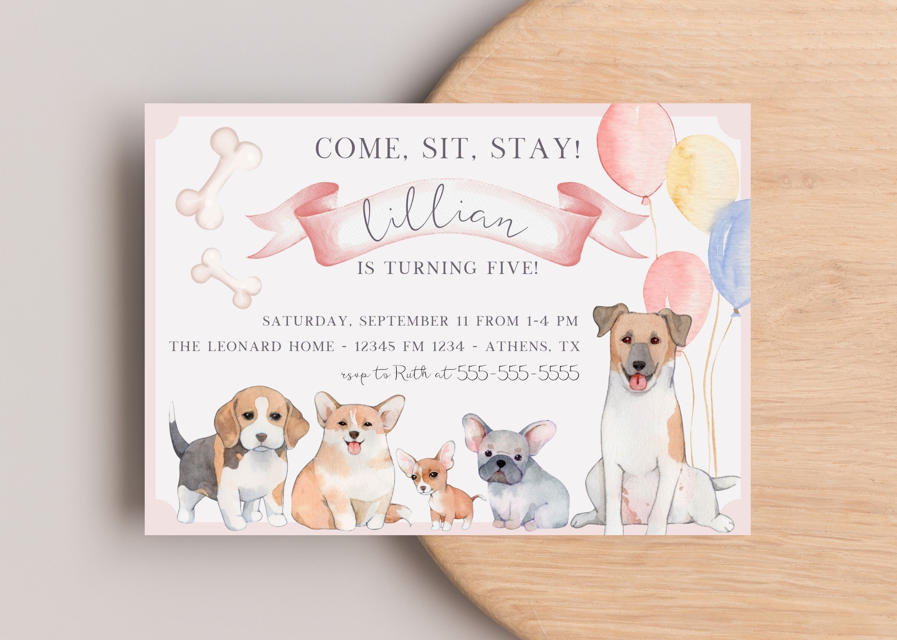 Come, Sit, Stay Puppy Party Birthday Invitation, Girl's Watercolor Dog ...