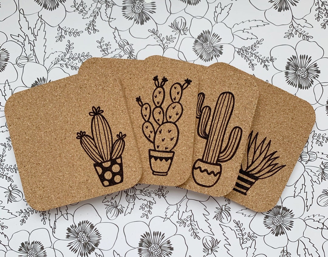 Cactus Cork Coasters: Laser Engraved Boho Barware Set - Etsy