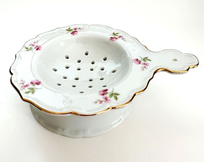 Antique Porcelain Tea Strainer With Base Pink Roses Hand Painted Marked ...