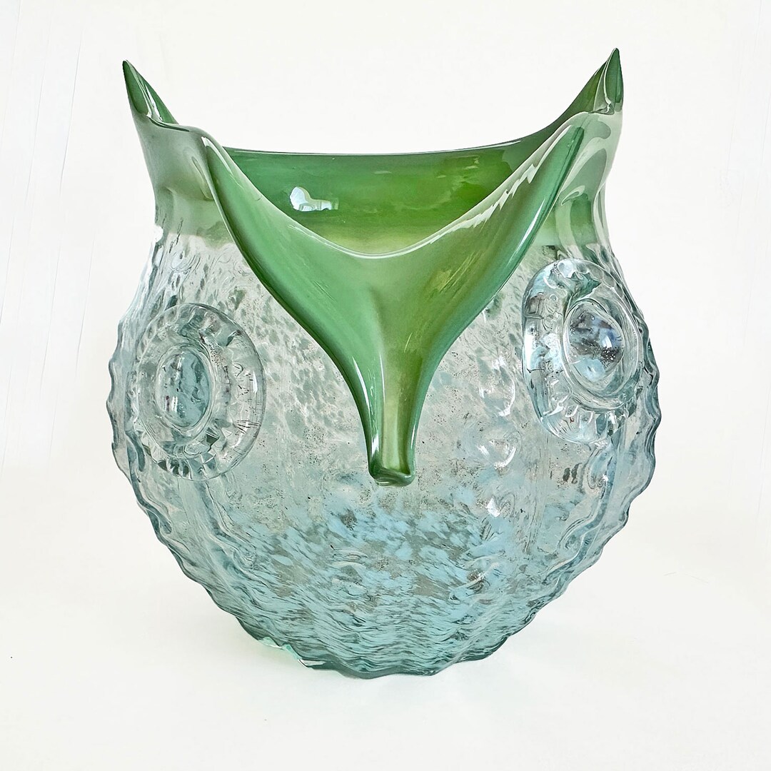 Owl Vase Blown Art Glass Blue and Green Gold Speck Accents 8.25 Tall - Etsy