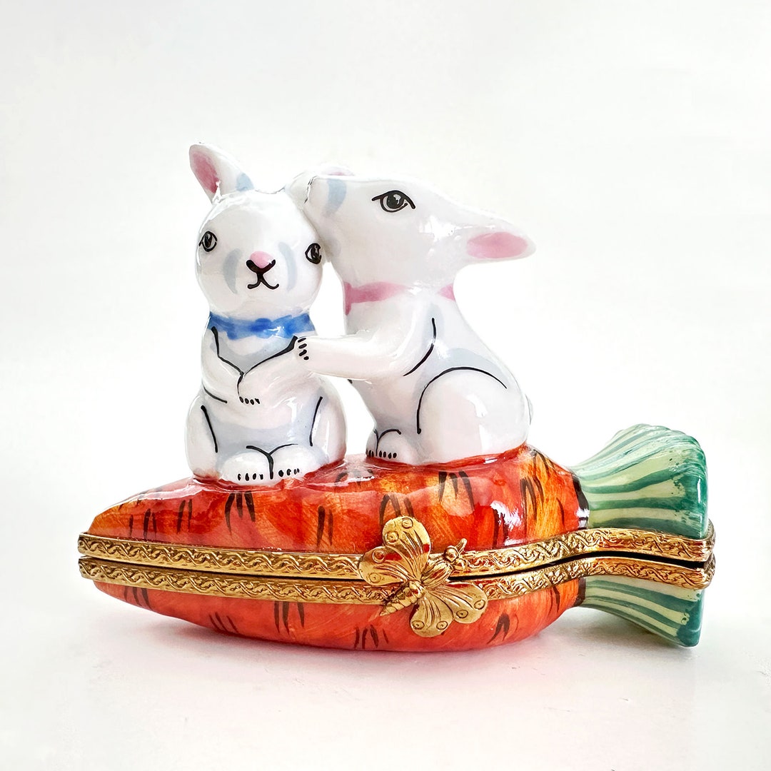 Limoges France Two Bunny Rabbits Sitting on Carrot Trinket Box Seint ...