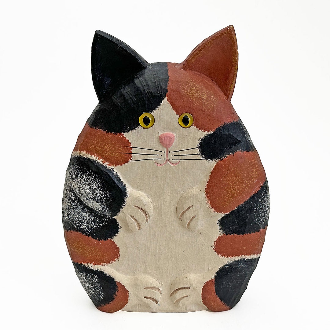 James Haddon Hand Carved Wood Folk Art Calico Cat Hand Painted Table ...