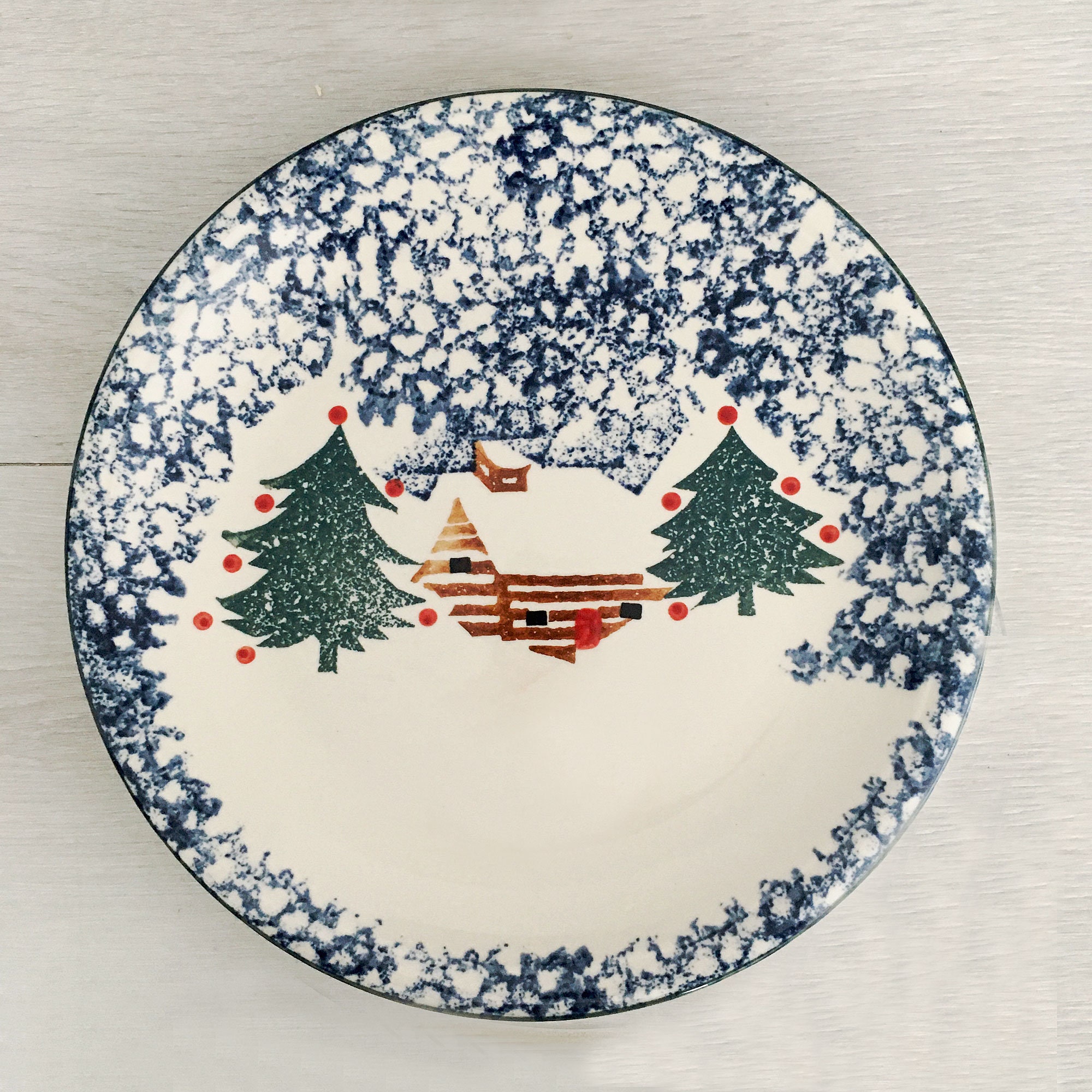 TIENSHAN cabin in the Snow Log Cabin Blue Spongeware Collection set of ...