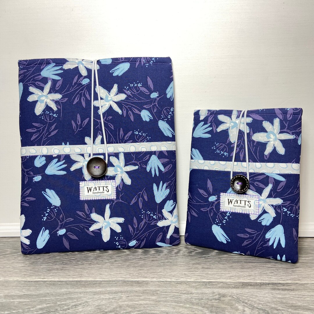 Blue Floral Padded Book Sleeve: Cotton Book Cover With Pocket - Etsy