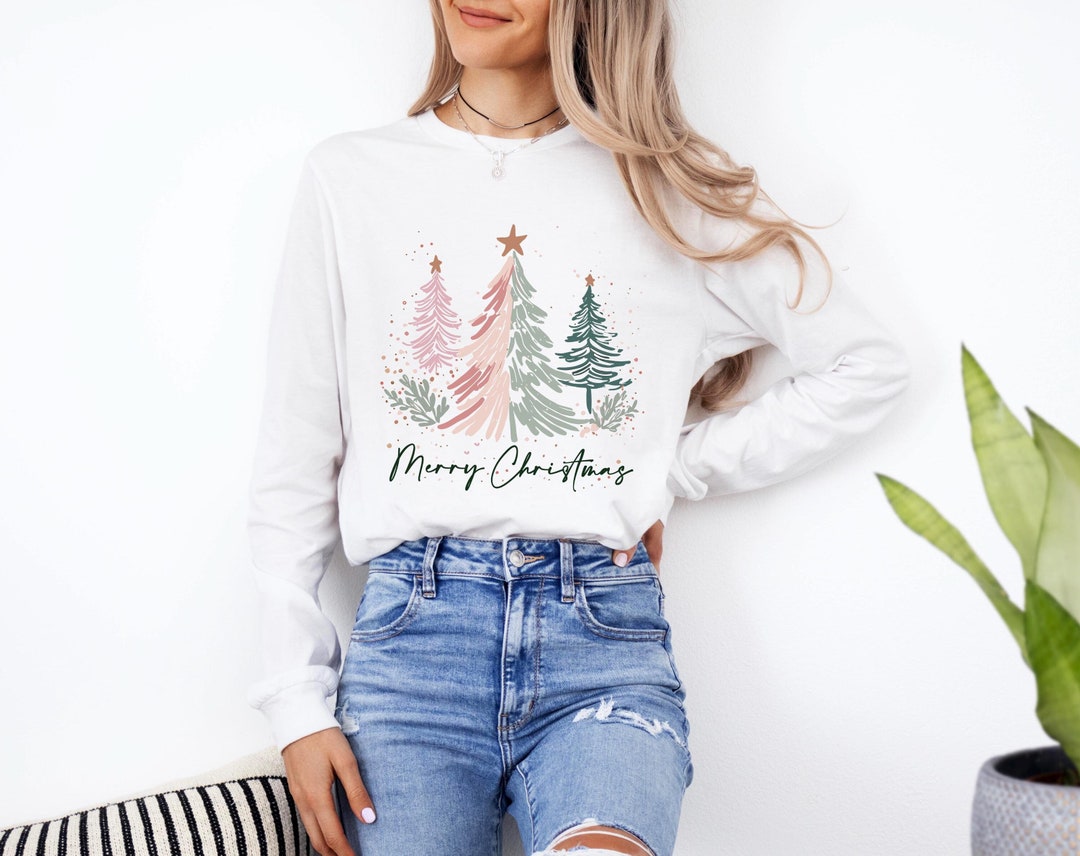 Watercolor Christmas Tree Long Sleeve Shirt: Pink Tree Design T-shirt ...