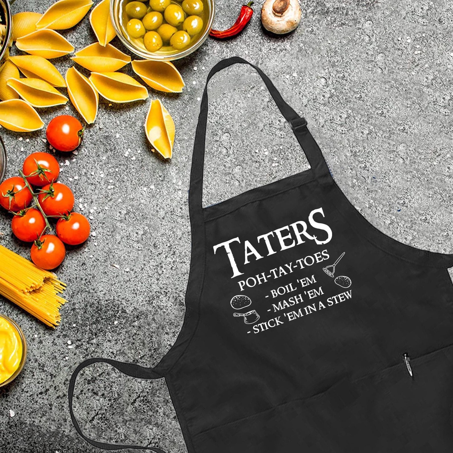 Taters Boil Em Mash Em Stew Em Apron, Printed Apron, Baking Funny ...
