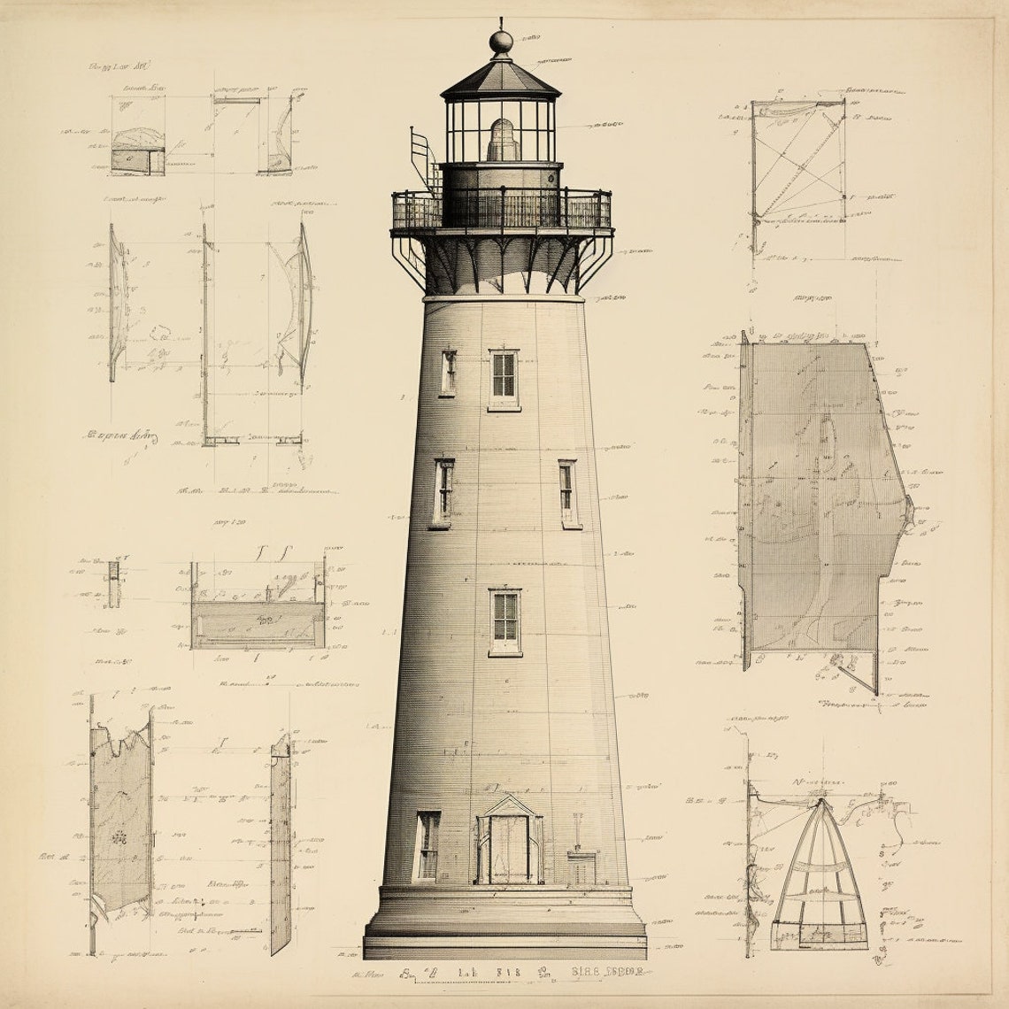 Coastal Charm 5-piece Vintage Lighthouse Art Drawings Collection ...