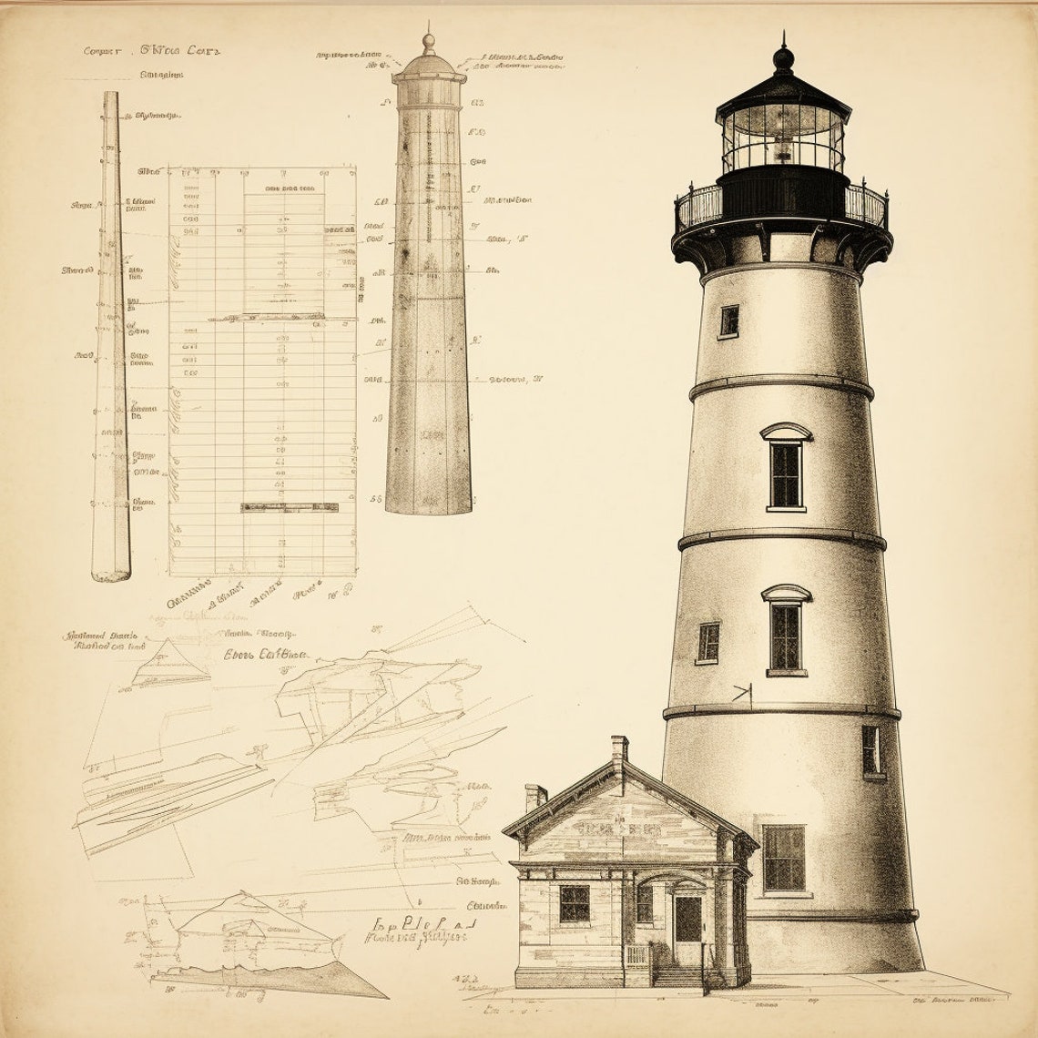 Coastal Charm 5-piece Vintage Lighthouse Art Drawings Collection ...