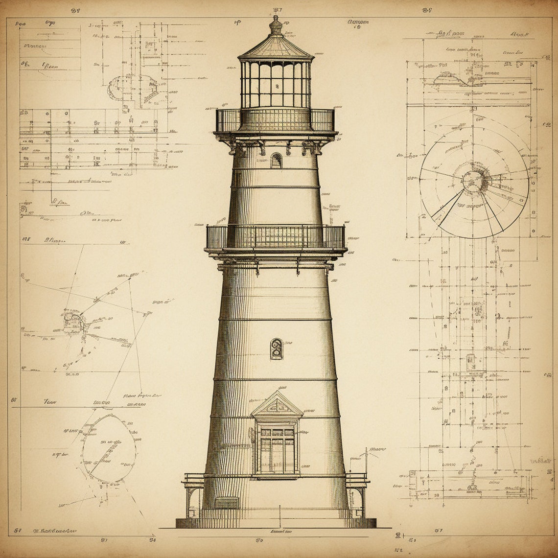 Coastal Charm 5-piece Vintage Lighthouse Art Drawings Collection ...