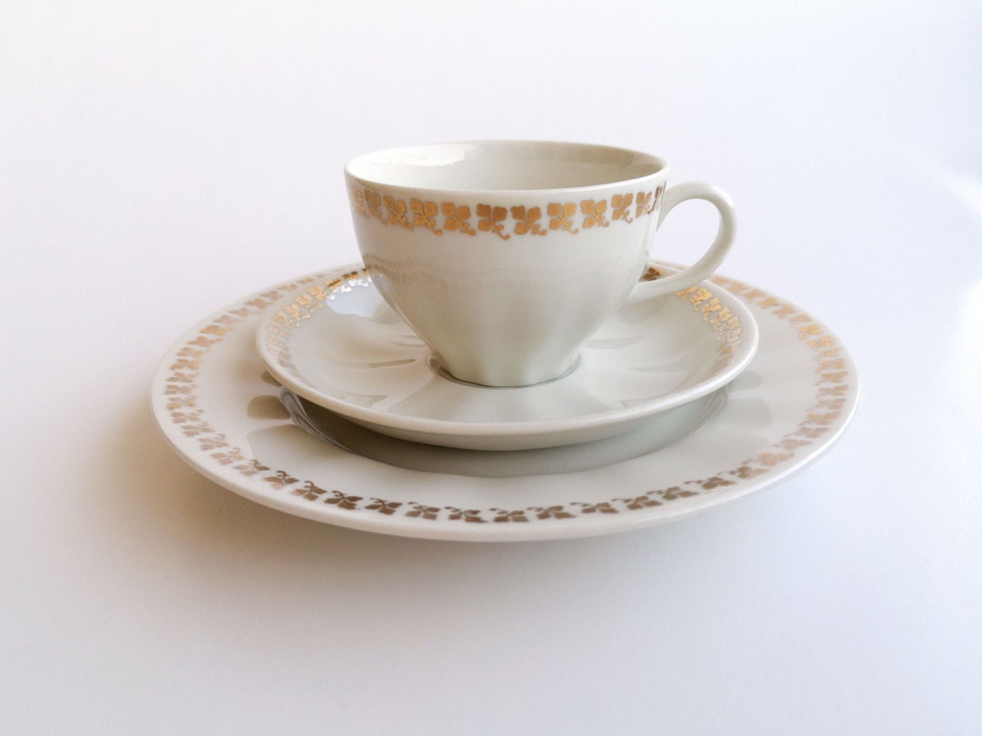 Arabia Finland "koru" Trio of Golden Coffee Cup, Saucer and Cake Plate ...
