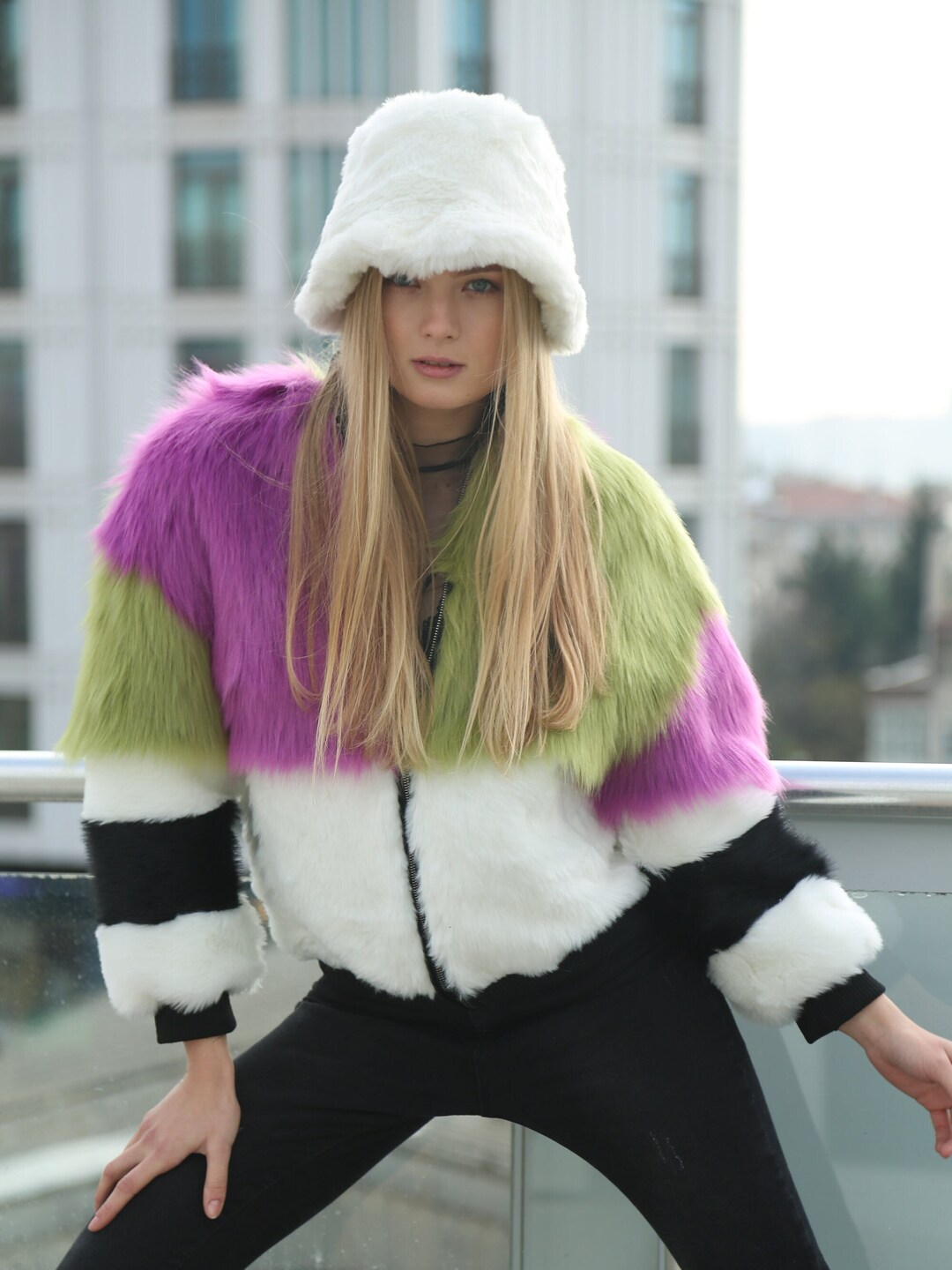 Purple Green Fur Coat, Fluffy Fur Shaggy Coat, Party Coat, Short Fur ...