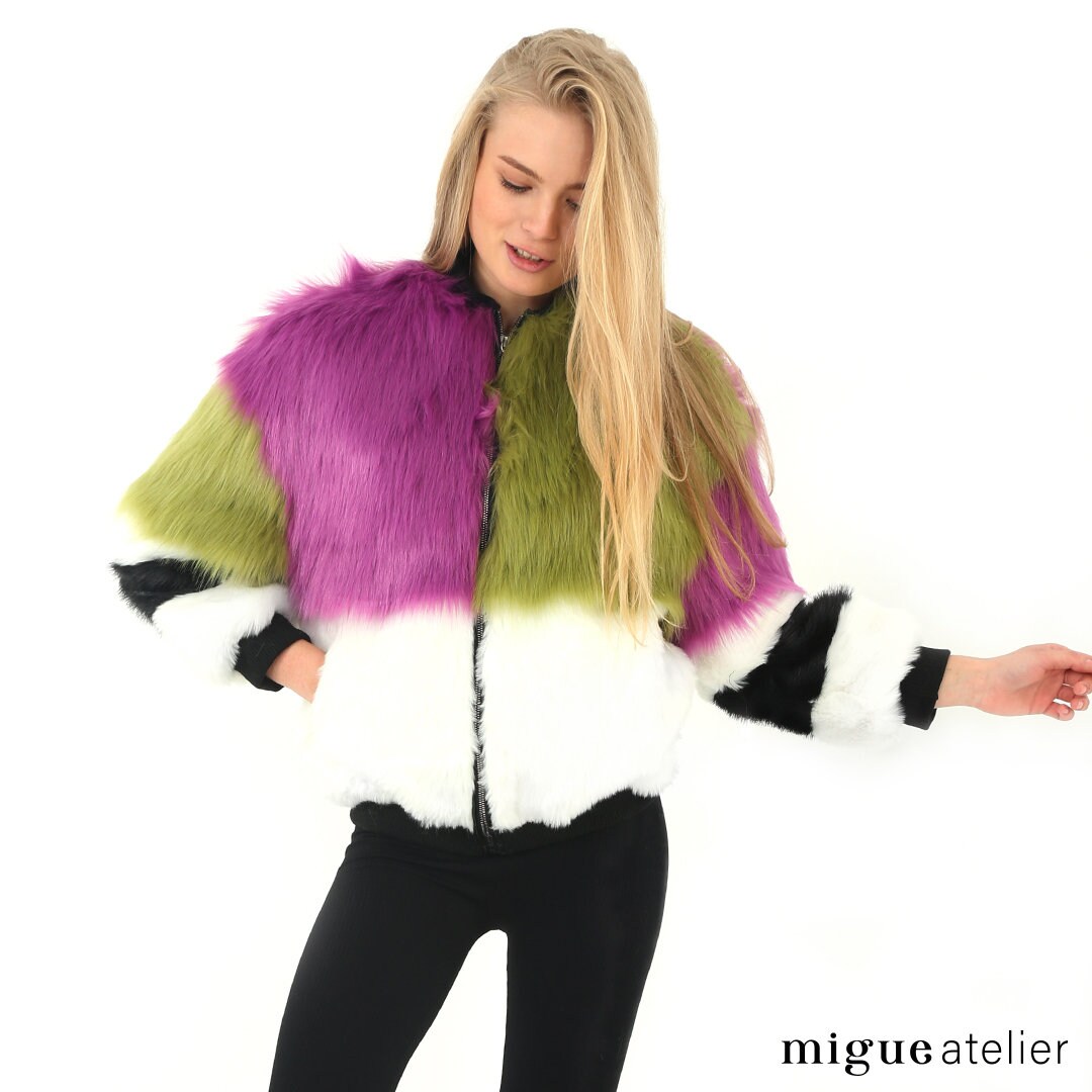 Purple Green Fur Coat, Fluffy Fur Shaggy Coat, Party Coat, Short Fur ...