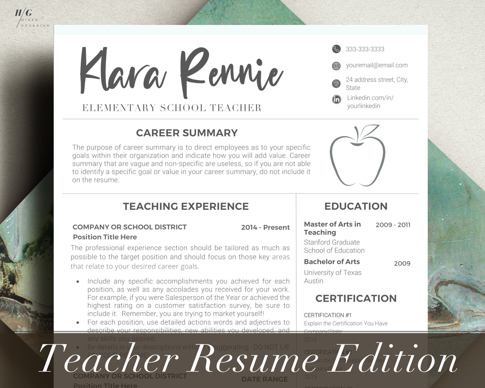 Teacher Resume Template School Teacher CV Template for Word | Etsy