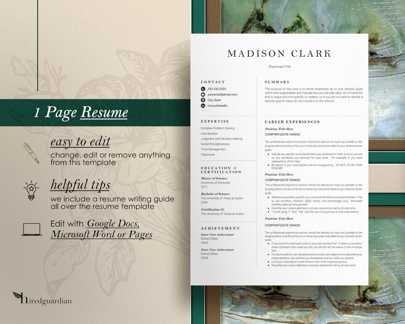 Minimalist Resume Template Word Pages and Google Docs Clean | Etsy