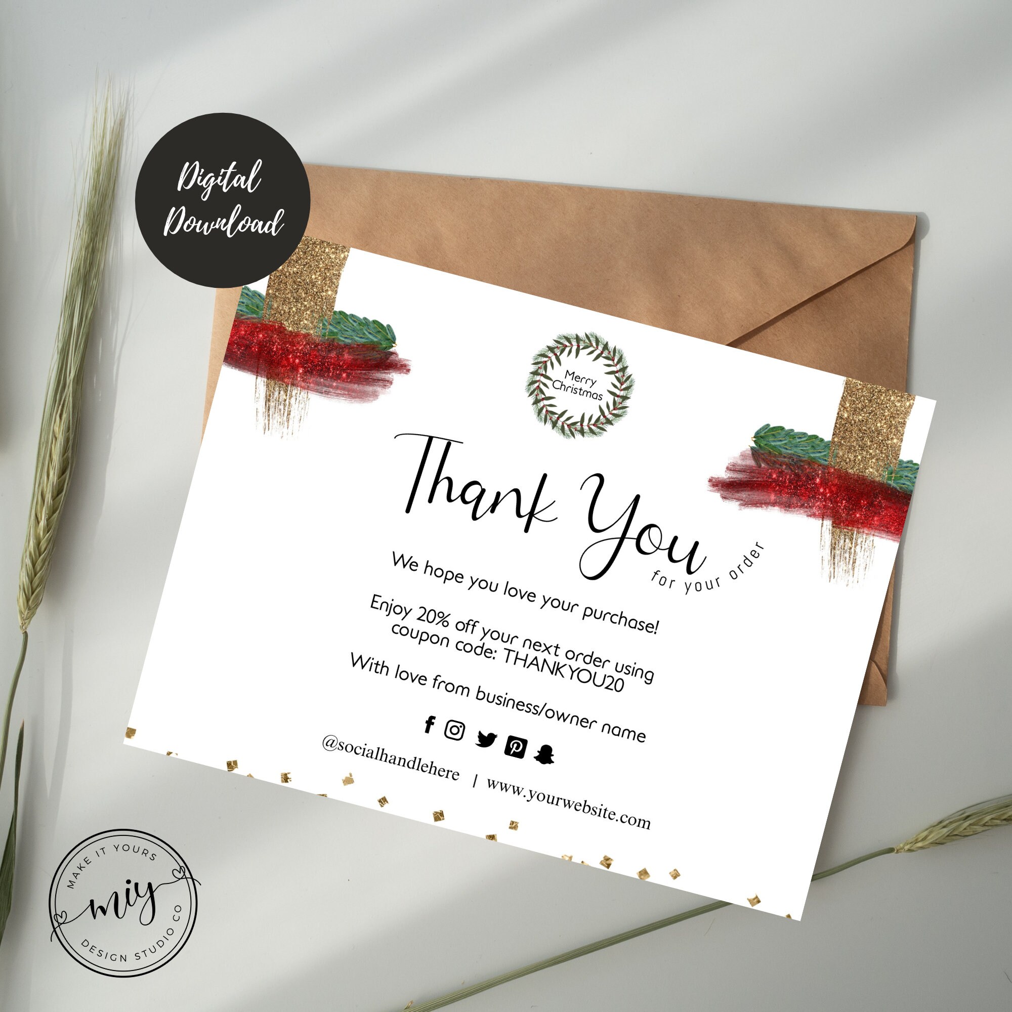 Editable Christmas Thank You Card Wreath Thank You Card - Etsy