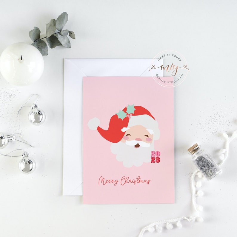 Santa Christmas Card, Printable Christmas Card, Pink Christmas Card ...