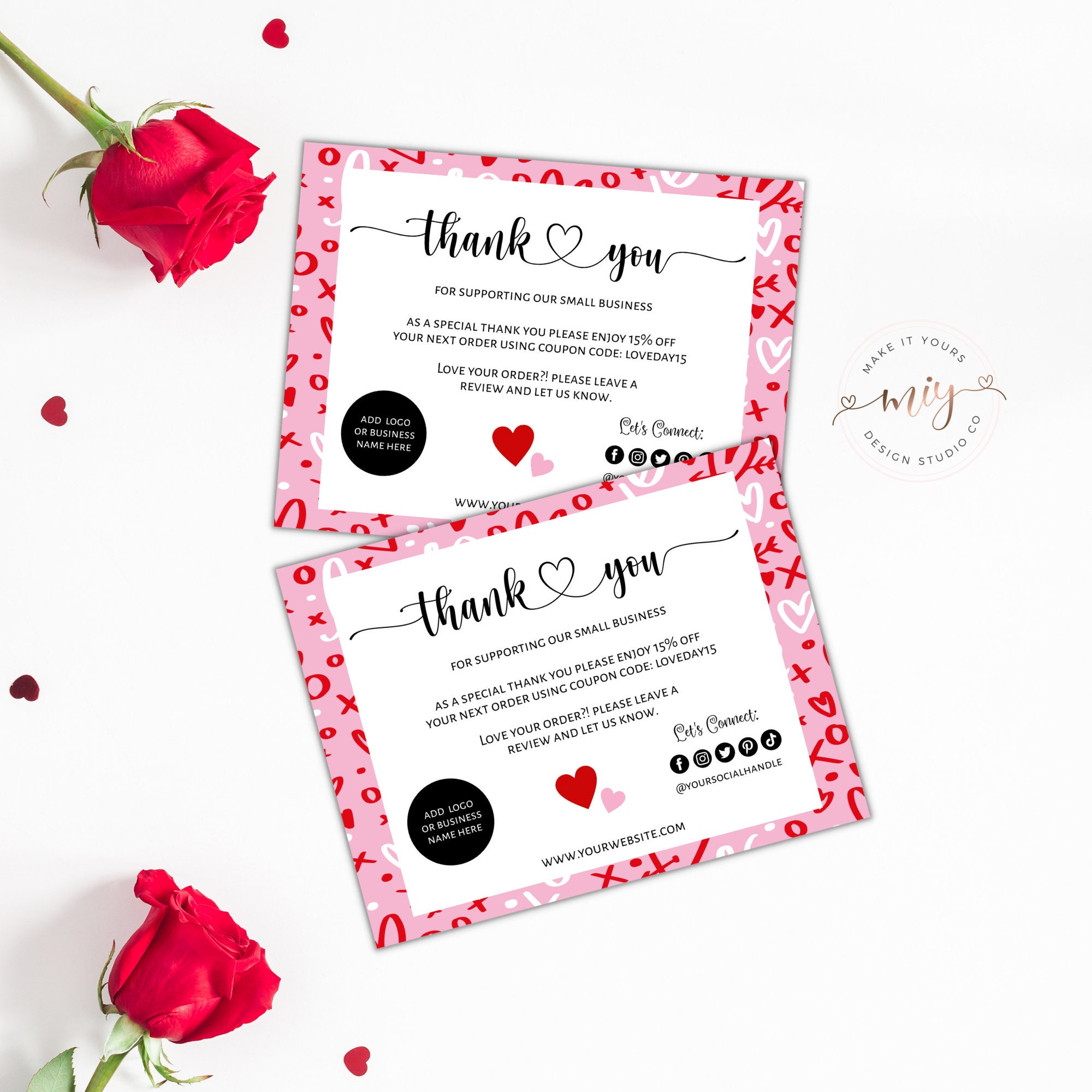 Valentines Thank You Card, Red & Pink Valentine Hearts, Editable ...