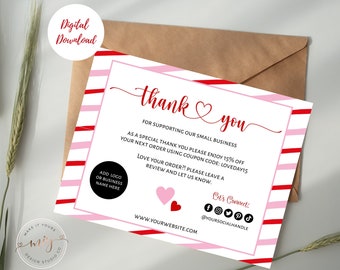 Valentines Thank You Card, Red & Pink Valentine Hearts, Editable ...