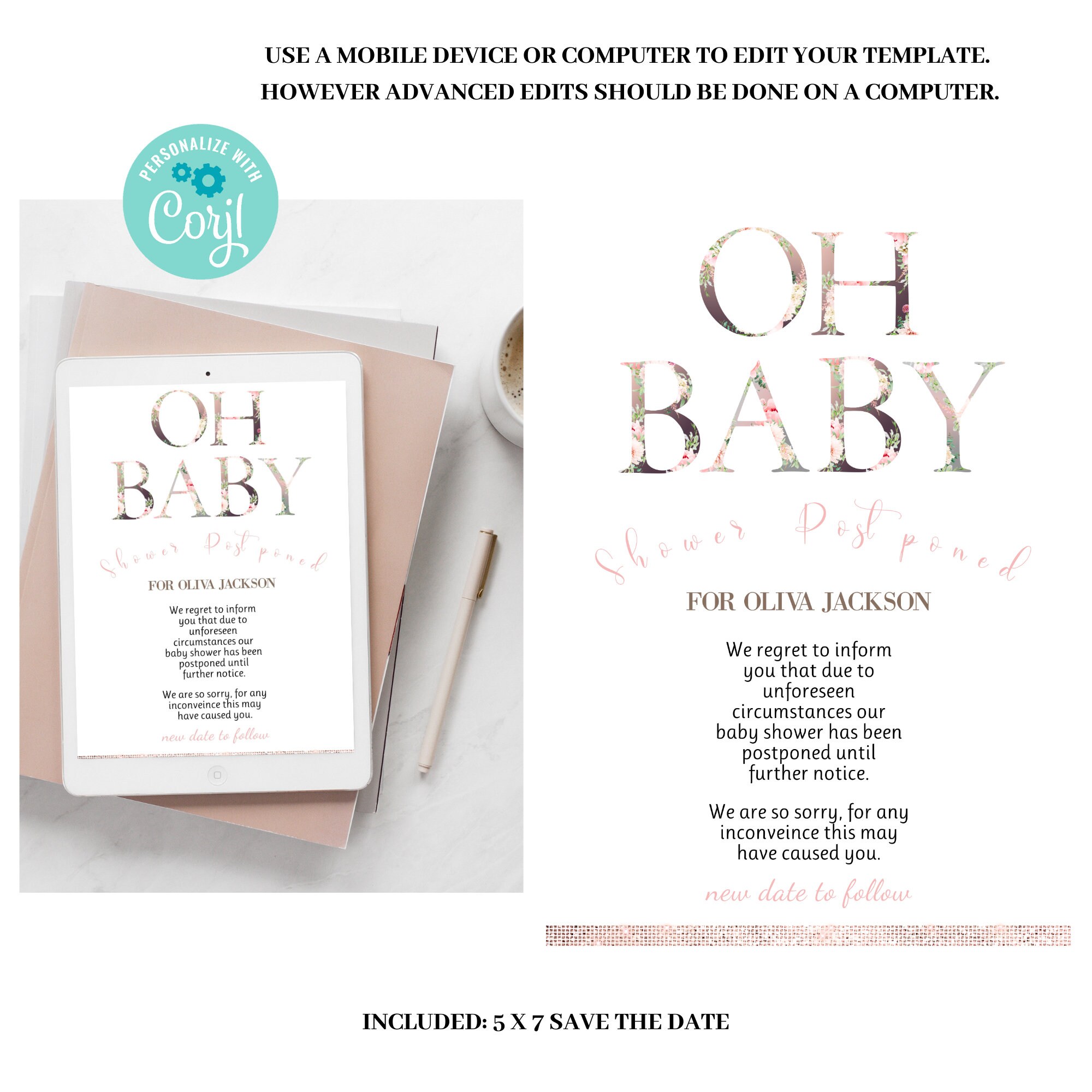 Baby Shower Postponed Template Change of Plans Announcement - Etsy