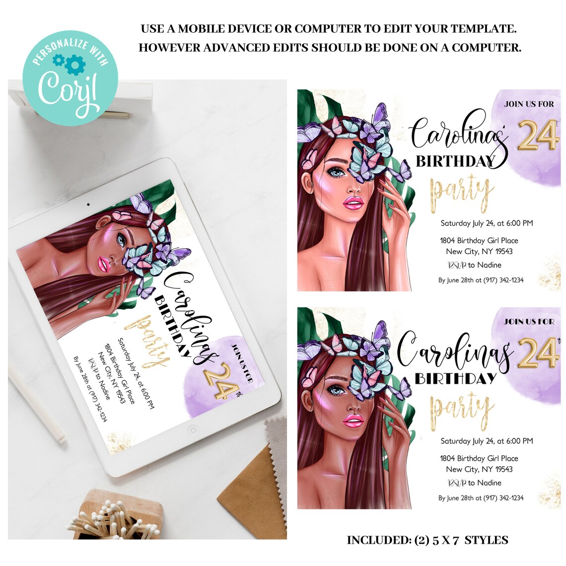 24th Birthday Invitation, Invitation Template, Butterfly Glamour Girl ...