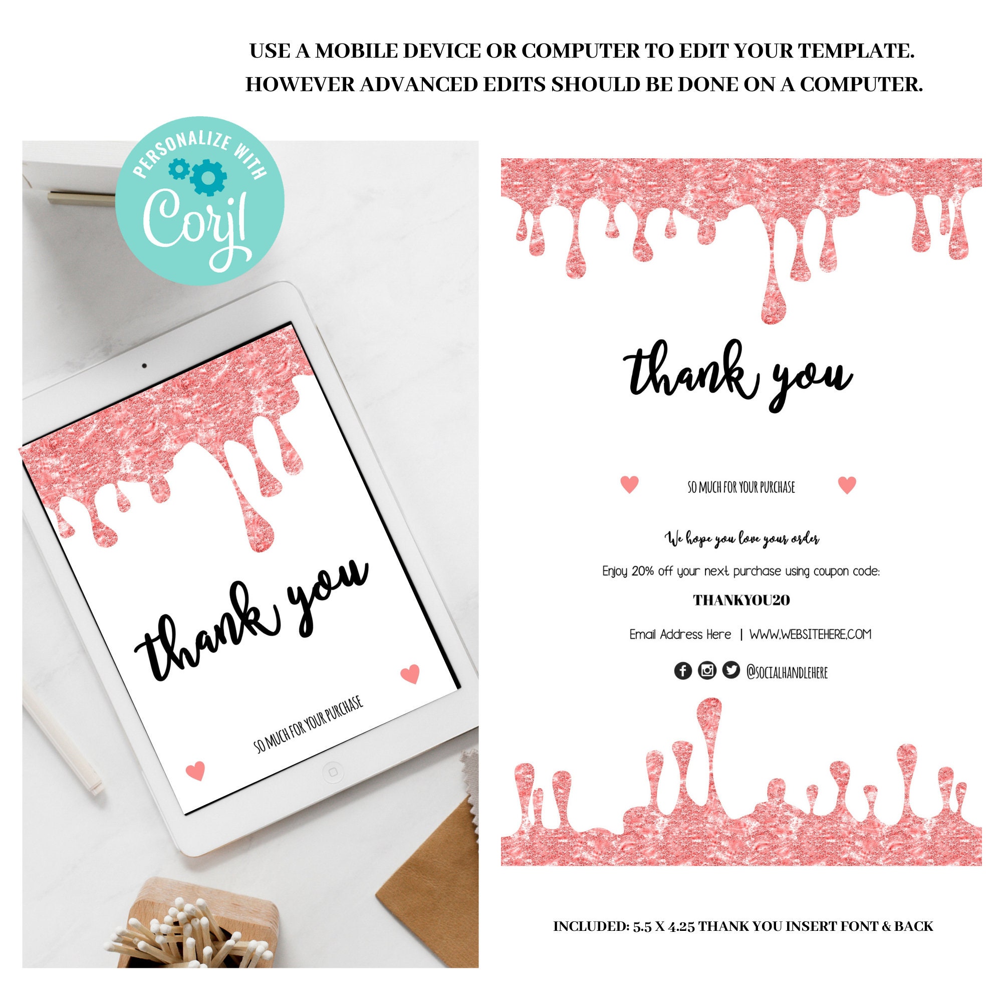Thank You Card, Editable Thank You, Glitter Thank You, Thank You Note ...