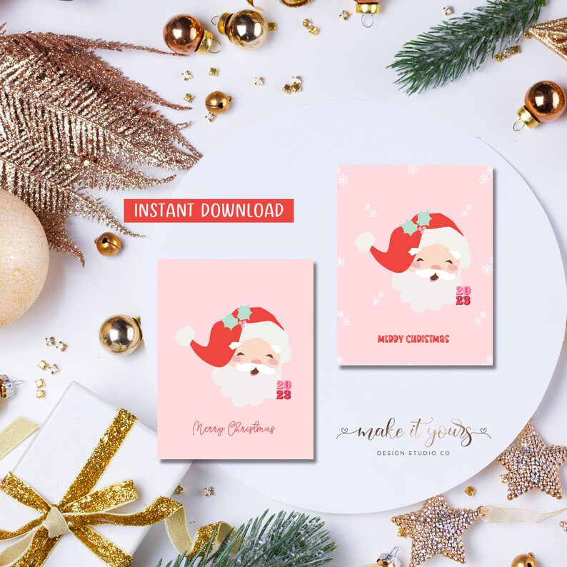 Santa Christmas Card, Printable Christmas Card, Pink Christmas Card ...