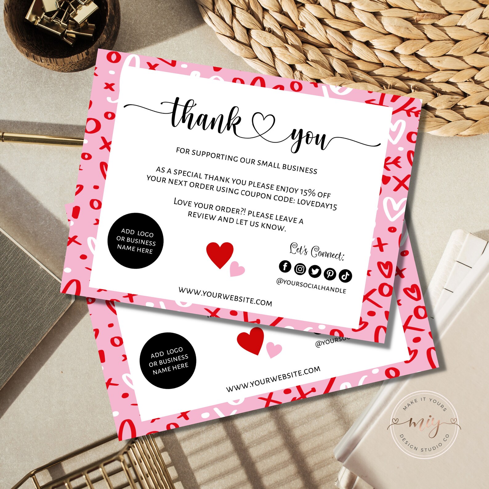Valentines Thank You Card, Red & Pink Valentine Hearts, Editable ...