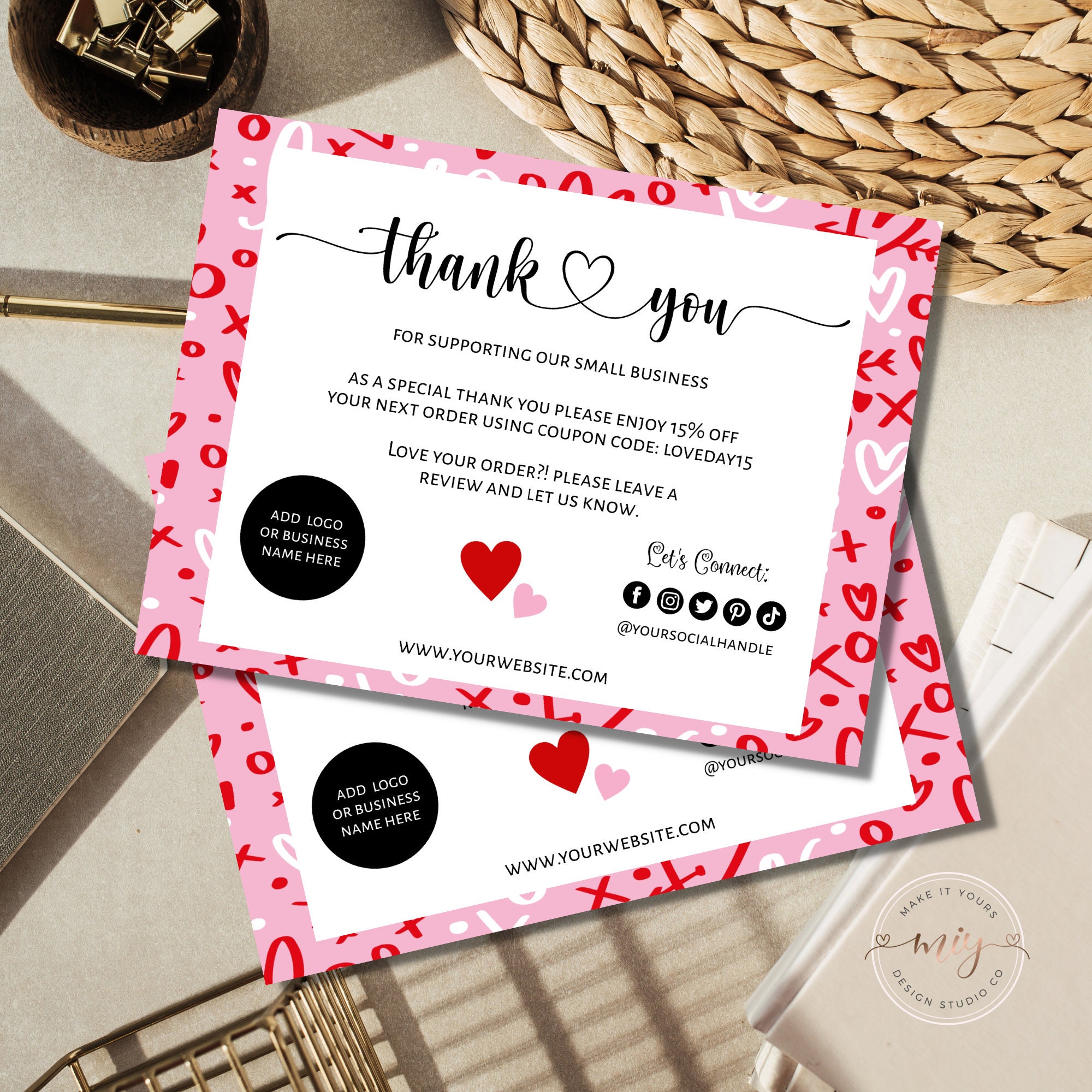 Valentines Thank You Card, Red & Pink Valentine Hearts, Editable ...