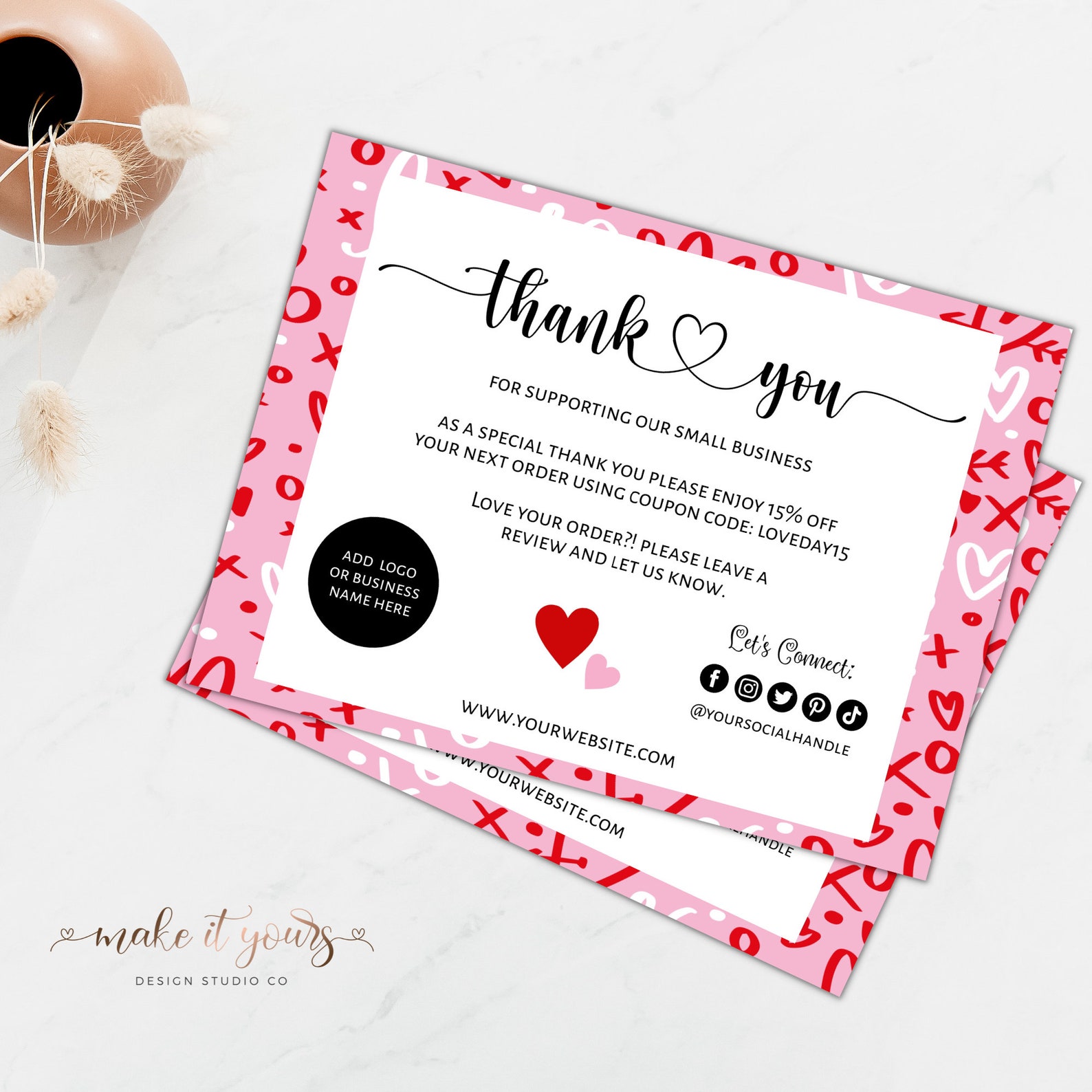 Valentines Thank You Card, Red & Pink Valentine Hearts, Editable ...