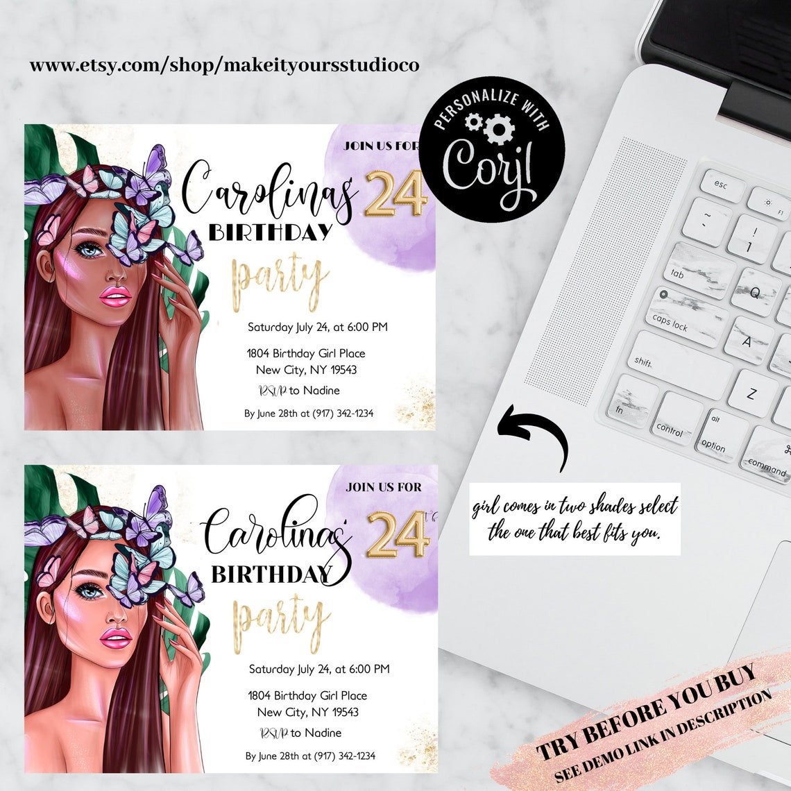 24th Birthday Invitation, Invitation Template, Butterfly Glamour Girl ...