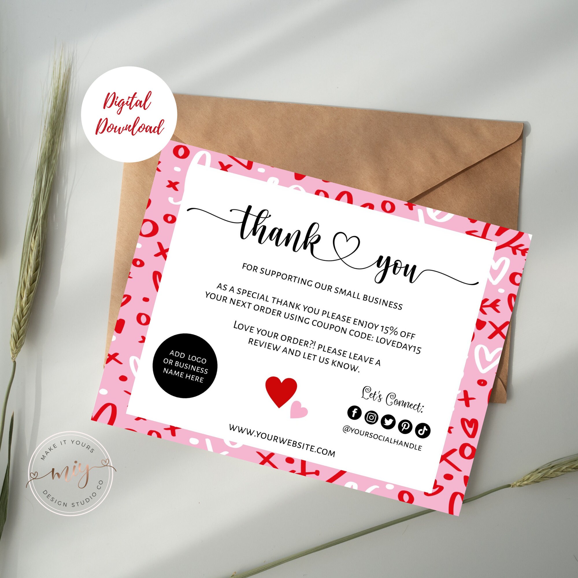 Valentines Thank You Card, Red & Pink Valentine Hearts, Editable ...