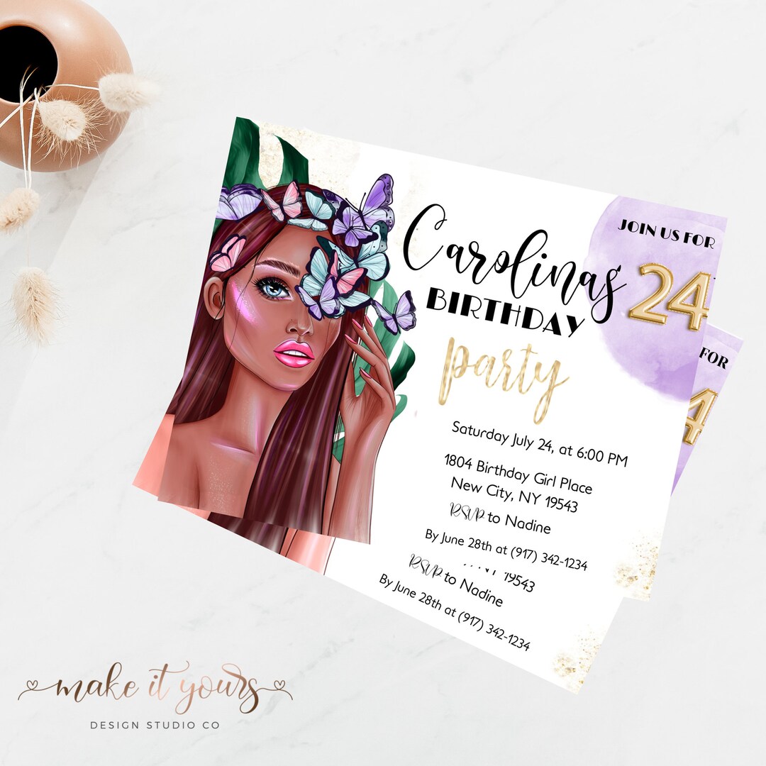 24th Birthday Invitation, Invitation Template, Butterfly Glamour Girl ...