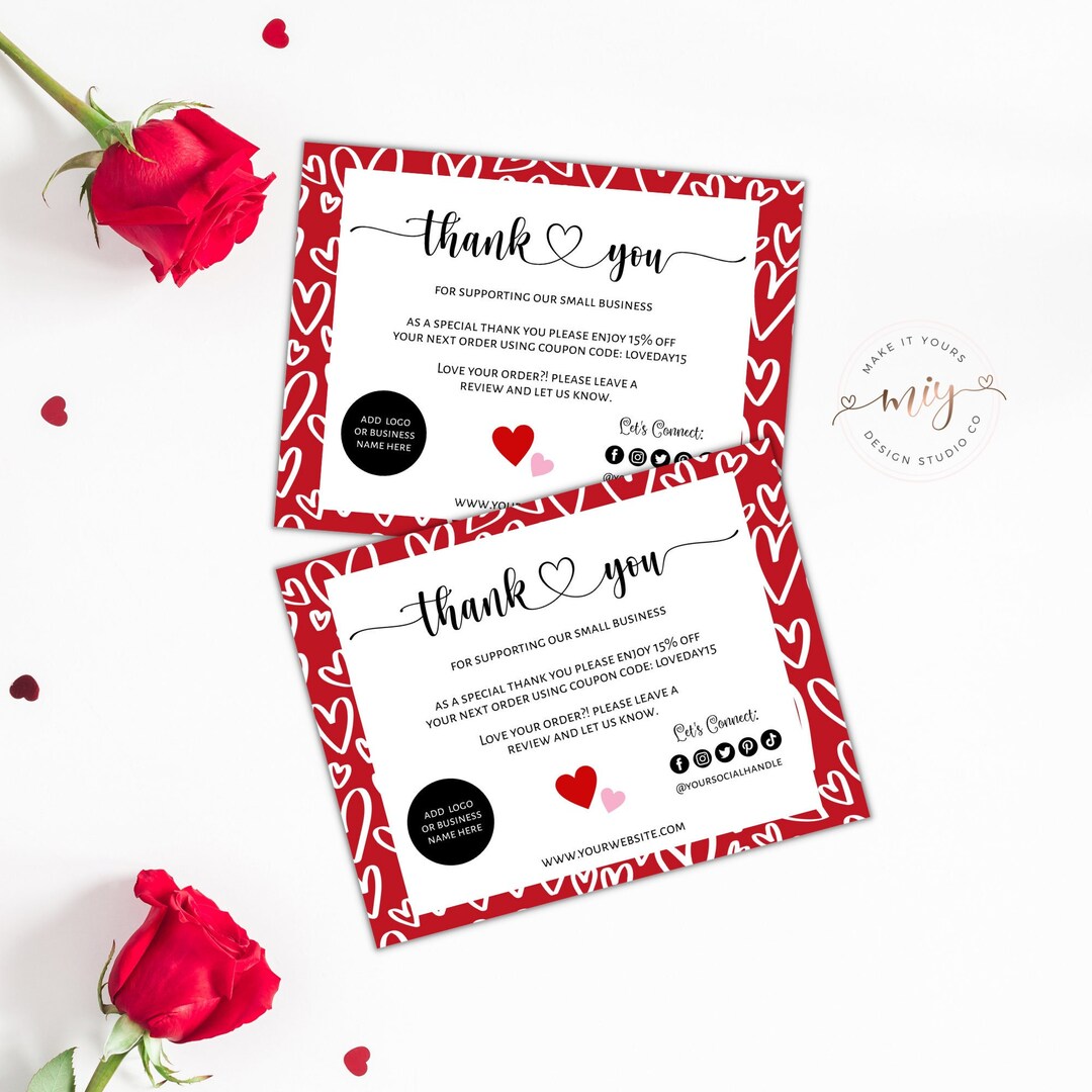 Valentines Day Thank You Card, Red Valentine Hearts, Editable ...