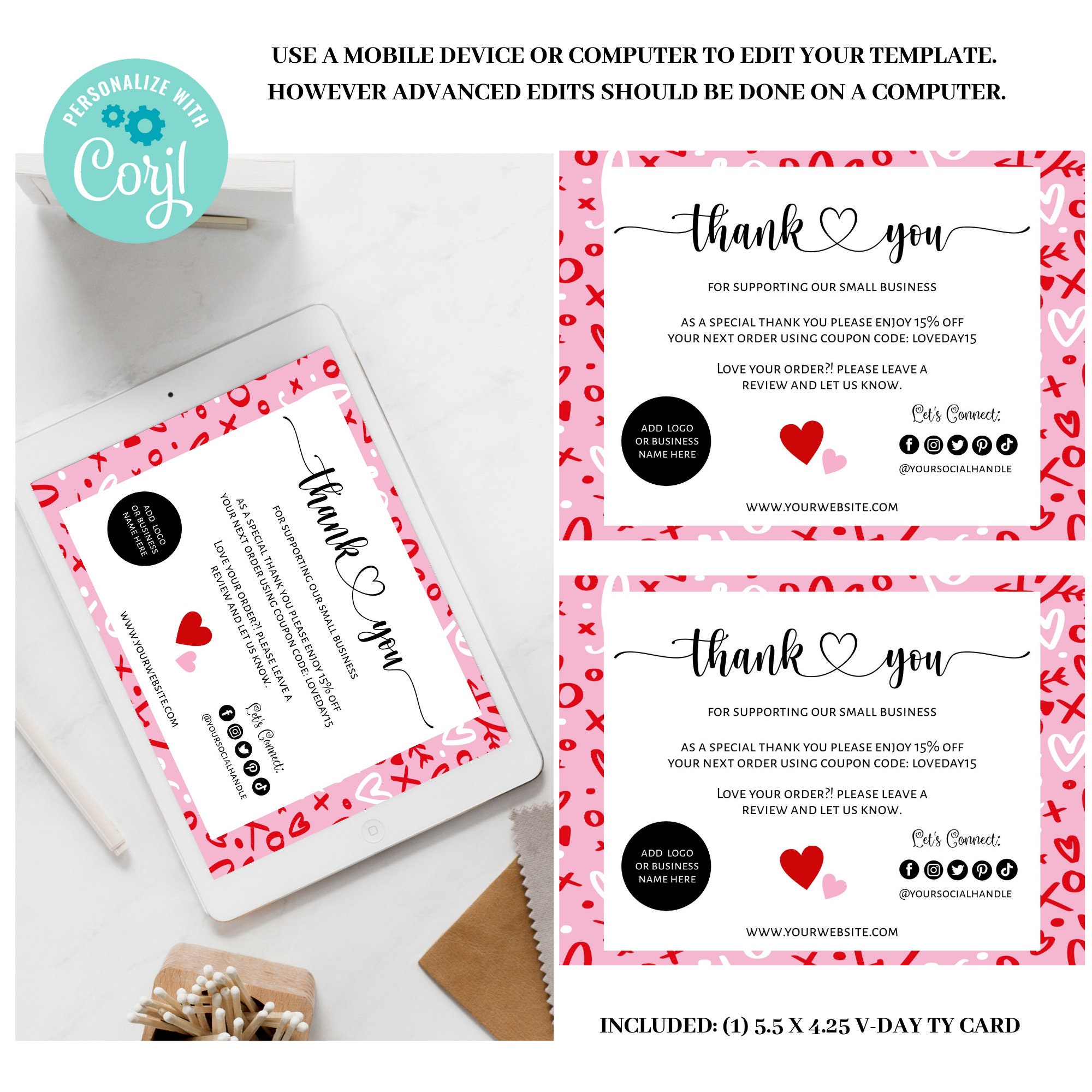 Valentines Thank You Card, Red & Pink Valentine Hearts, Editable ...