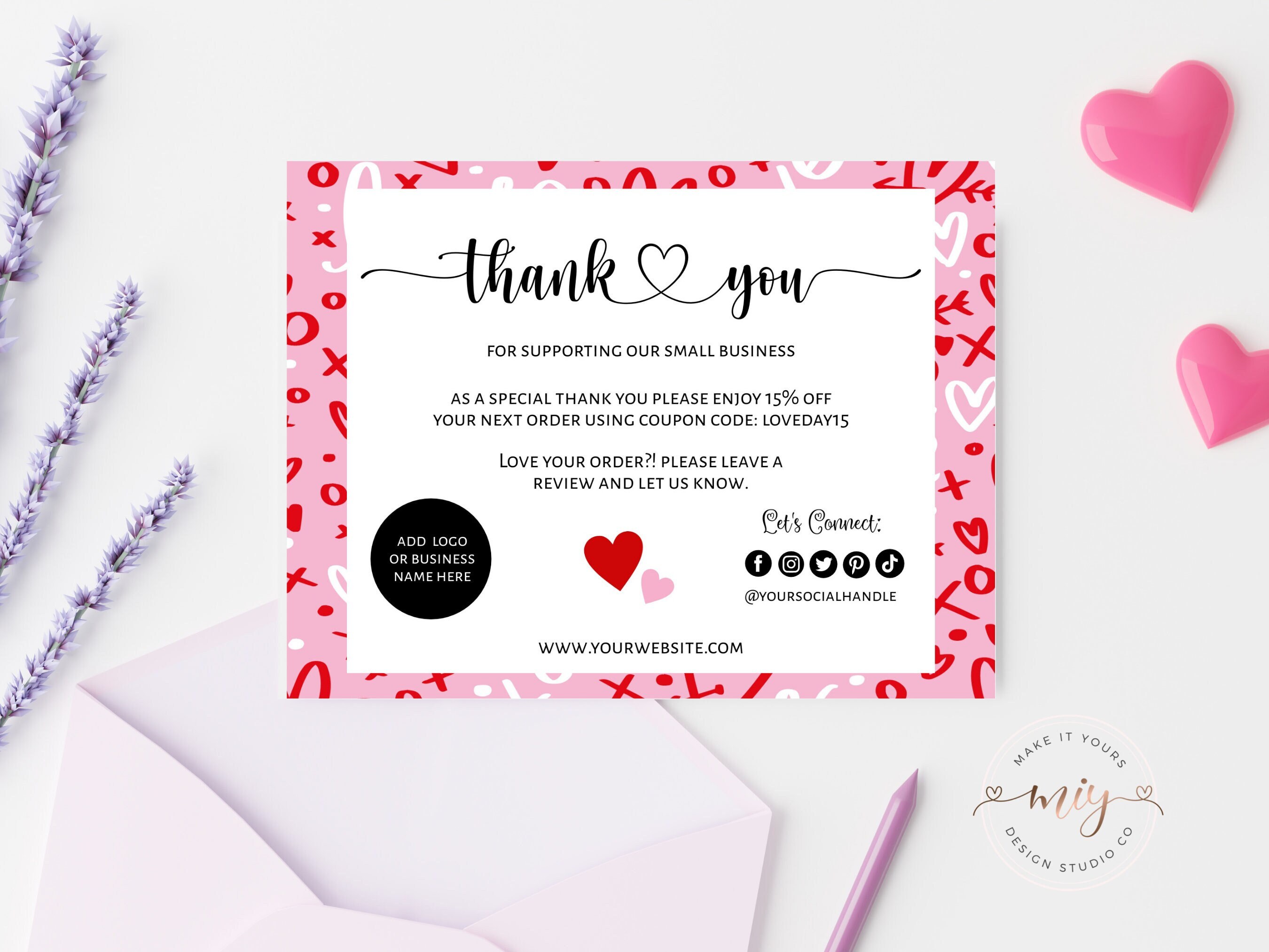Valentines Thank You Card, Red & Pink Valentine Hearts, Editable ...
