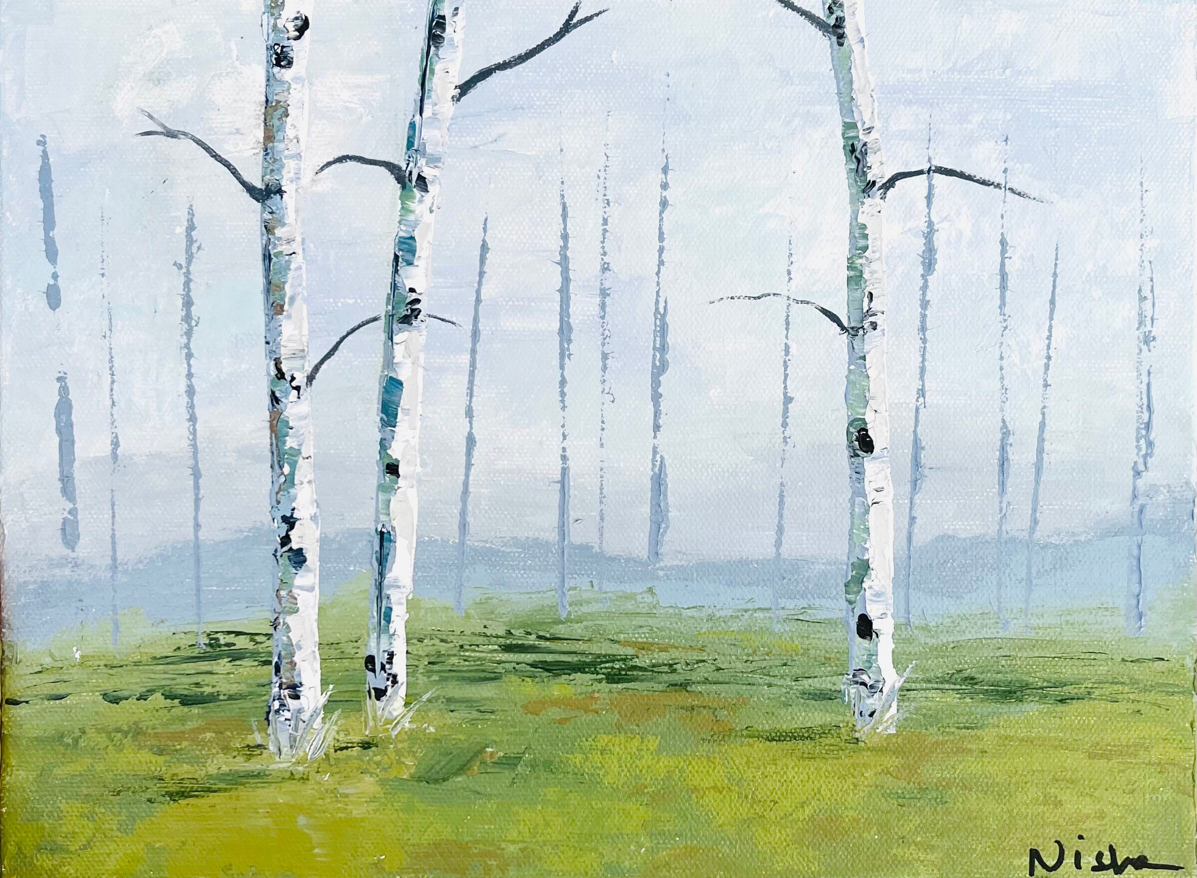 Foggy Landscape Painting With Mountains, Aspen Tree Art, Birch Tree ...