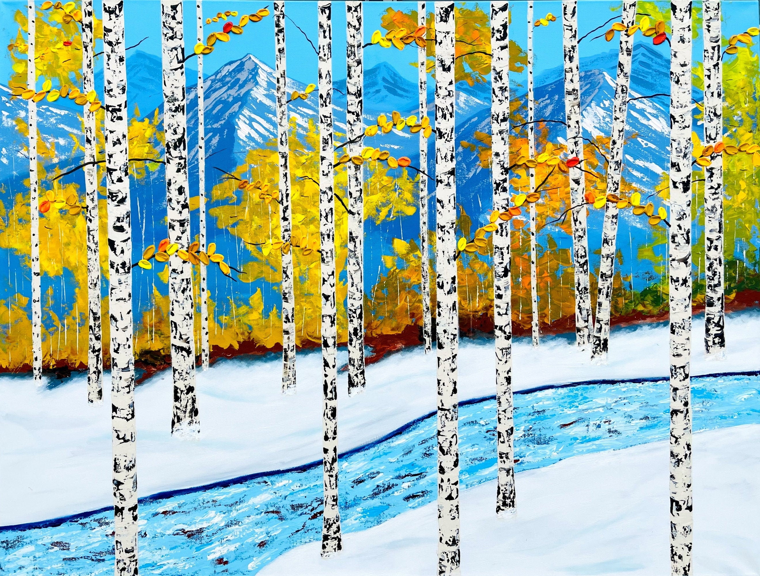 Aspen Tree Painting Aspen Tree with River Stream Birch tree - Etsy México