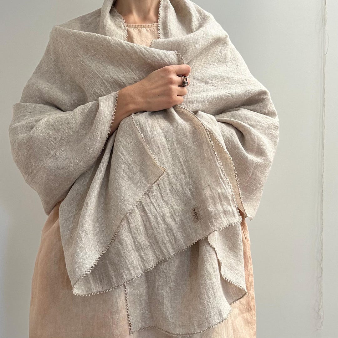 Undyed Sheer Soft Linen Shawl With Fringe, Natural Pure Linen Grey ...