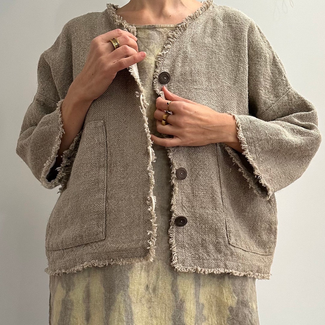 Grey Heavy Cropped Raw Pure Linen Jacket With Wooden Buttons, Pockets ...