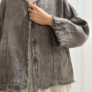 Brown Heavy Cropped Raw Pure Linen Jacket With Wooden Buttons, Pockets ...